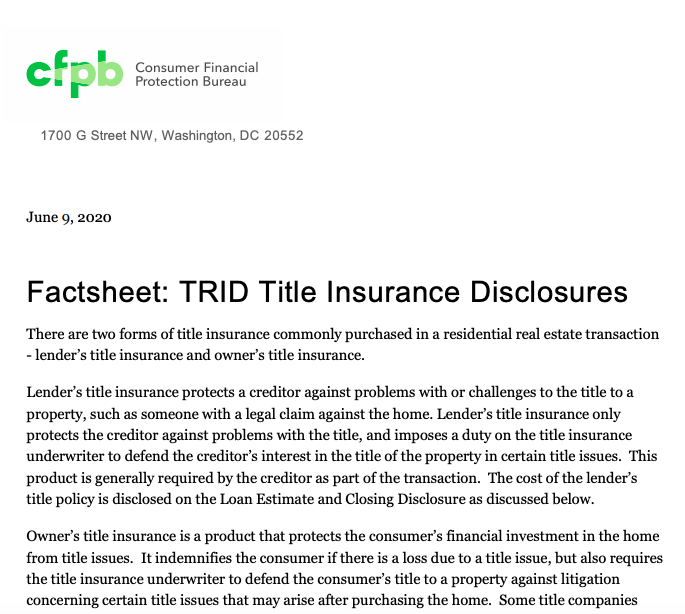 Bankers Training - CFPB Title Insurance Factsheet and Updated FAQs