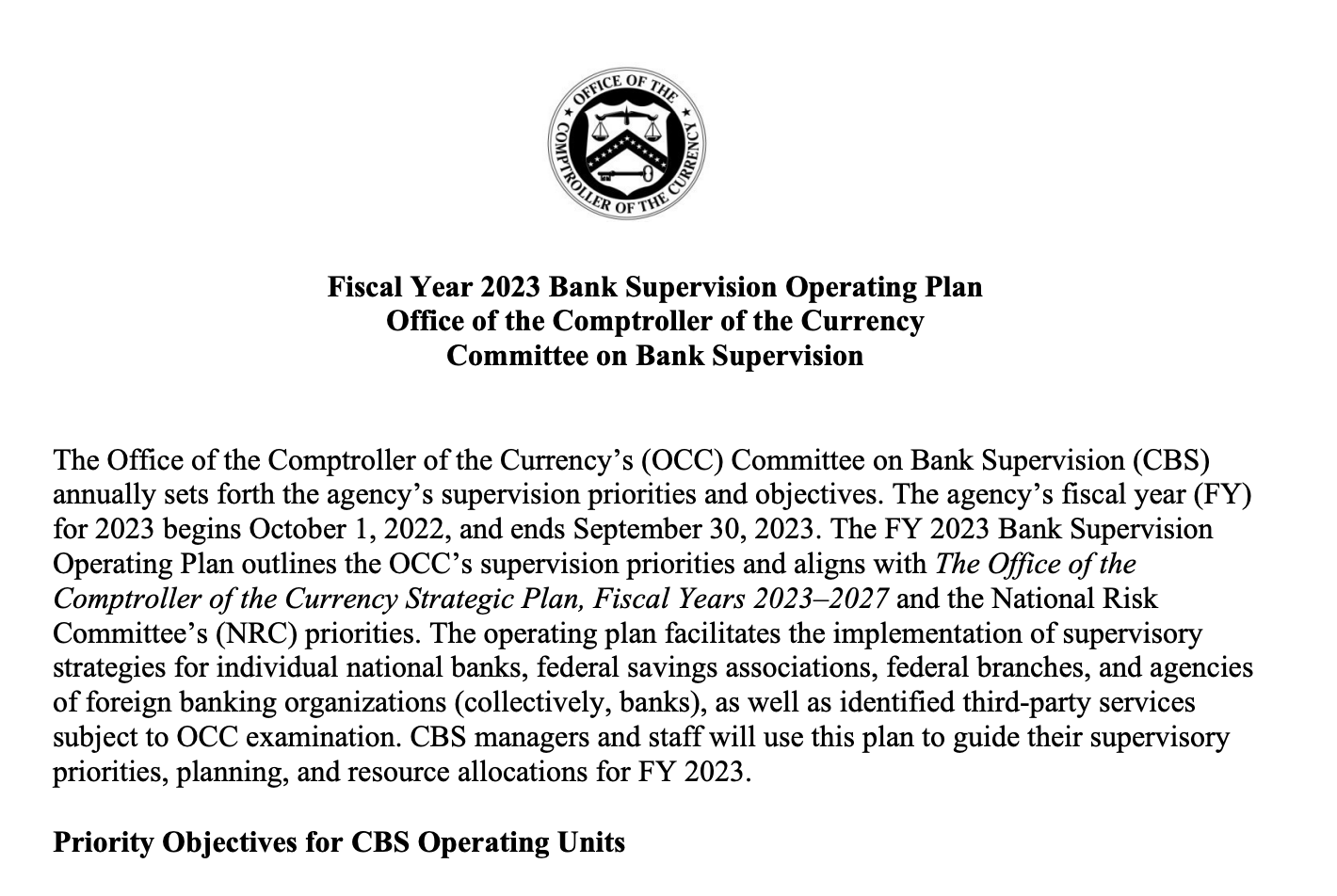 OCC 2023 Bank Supervision Operating Plan